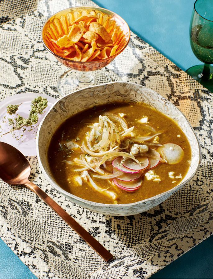 Roasted Tomatillo and Poblano Soup with Shredded Chicken from Colu ...