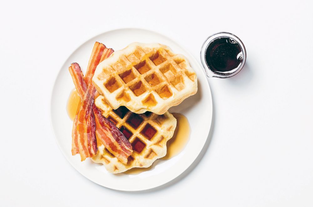 Anytime waffles w bacon + maple syrup from Chefs Eat Breakfast Too by ...