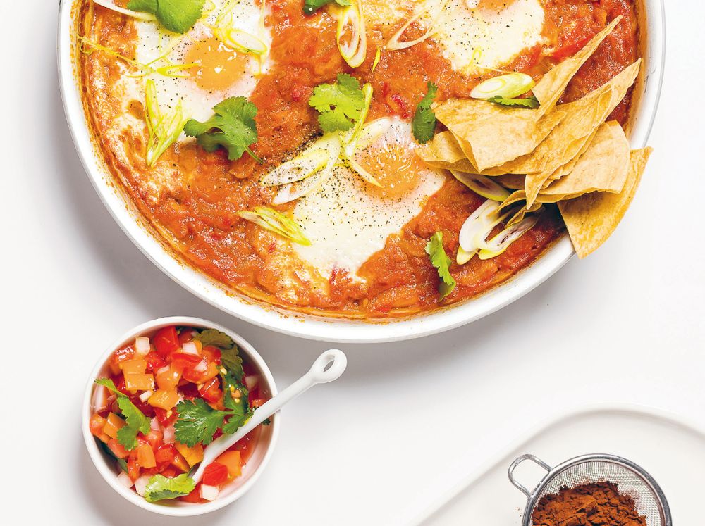 Mexican-style baked eggs w/ pico de gallo from Chefs Eat Breakfast Too ...