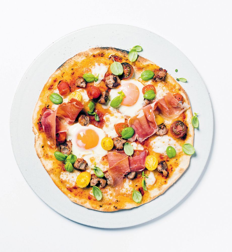 Breakfast pizza from Chefs Eat Breakfast Too by Darren Purchese