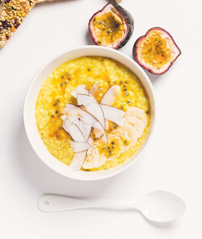 Coconut, turmeric + ginger porridge w passionfruit + banana from Chefs ...