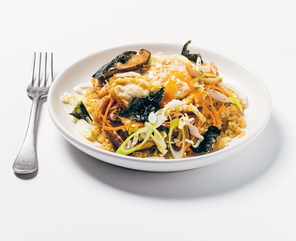 Quinoa, mushroom + soy bowl w crispy fried egg from Chefs Eat Breakfast ...