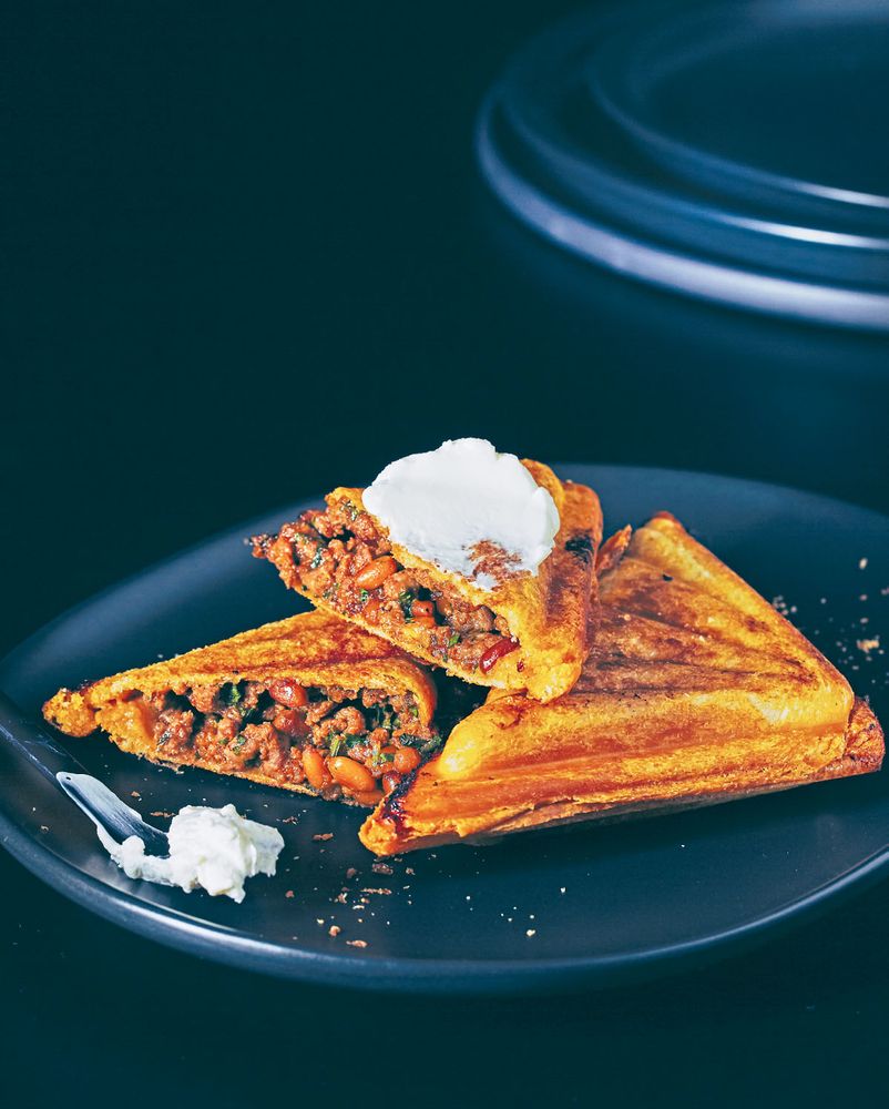 Spicy lamb mince jaffle w soft labne spread from Chefs Eat Toasties Too ...