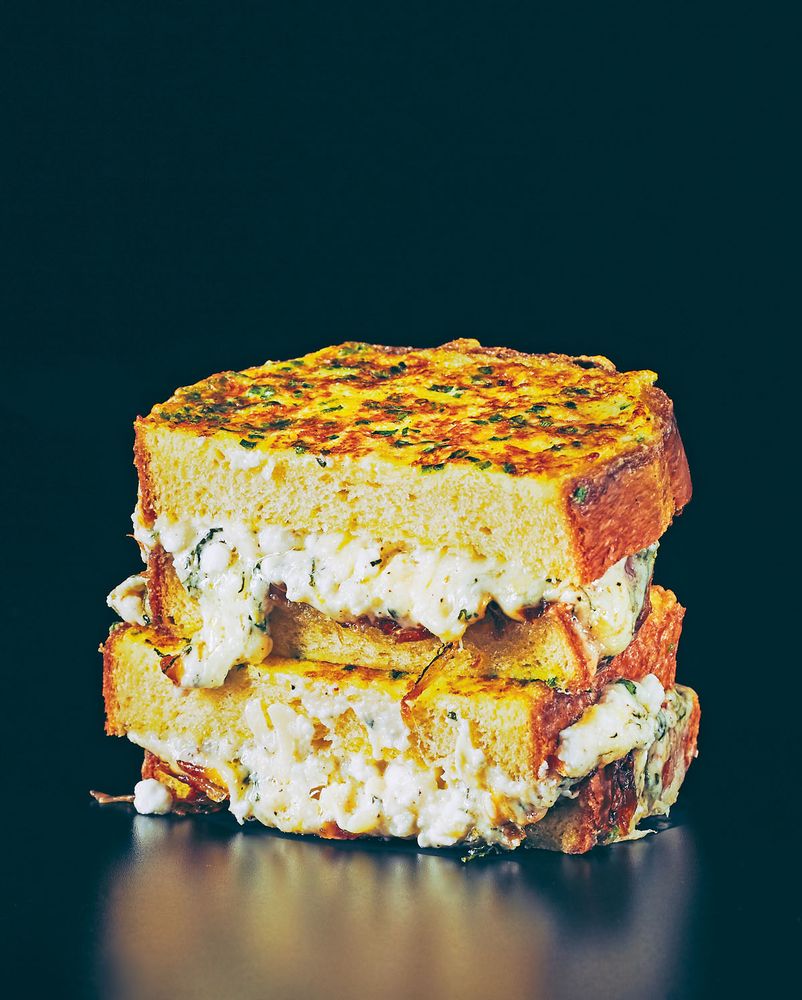 Bulgarian feta, caramelised onion, lemon + mint in chive egg batter ...