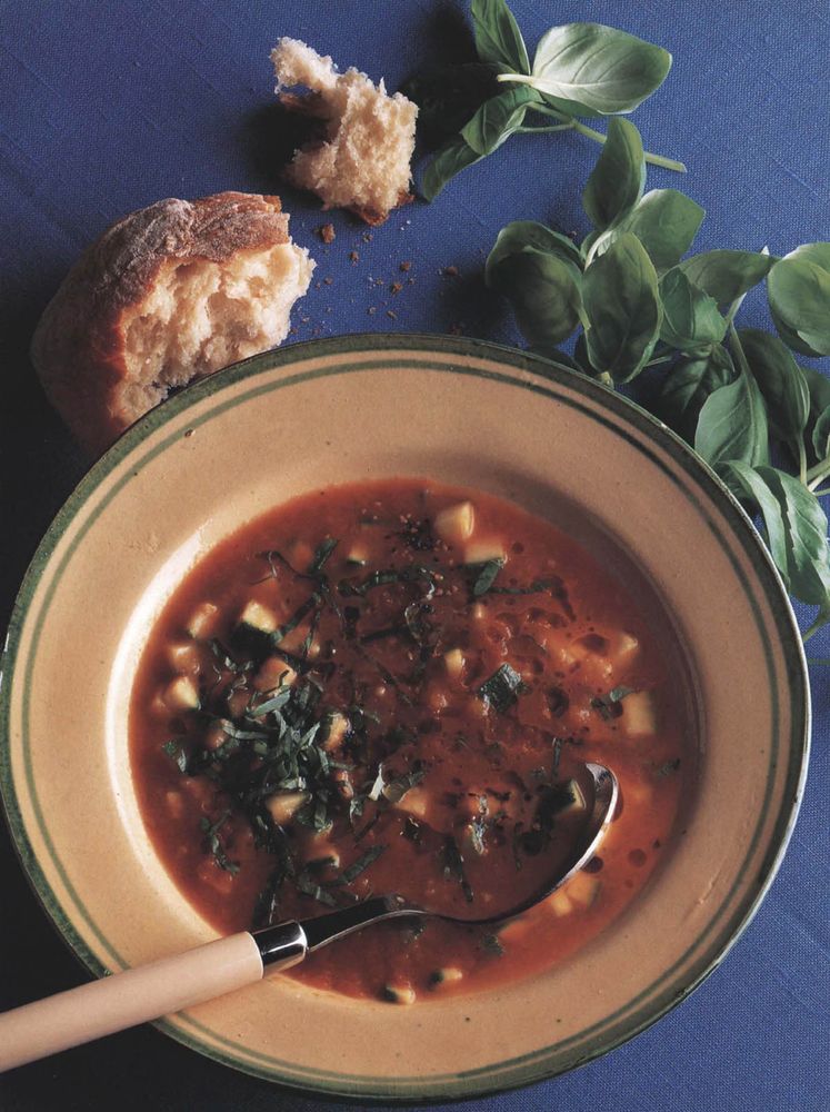 Fresh Tomato Soup with Diced Courgettes, Basil Leaves and Olive Oil ...