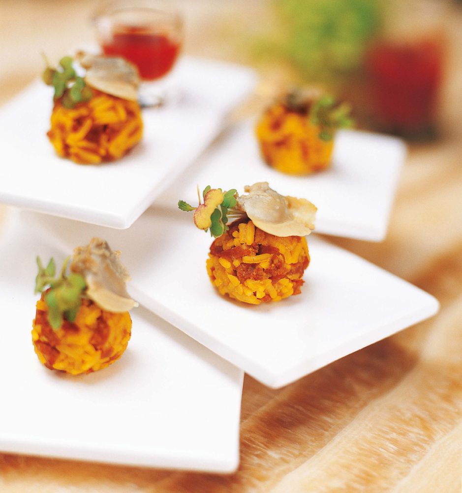 Saffron sushi rice canapés with clams and chorizo from Asian Tapas ...