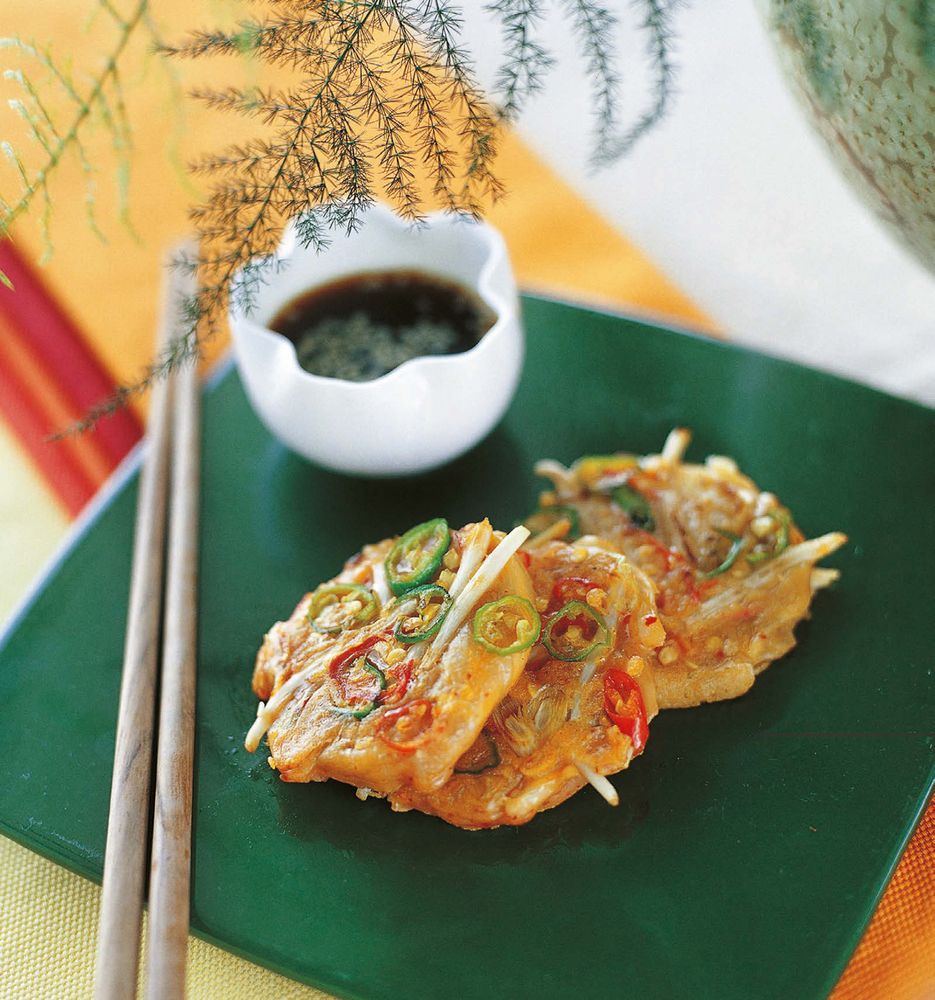 Kimchi pancakes with vinegar soy dipping sauce from Asian Tapas: Small ...