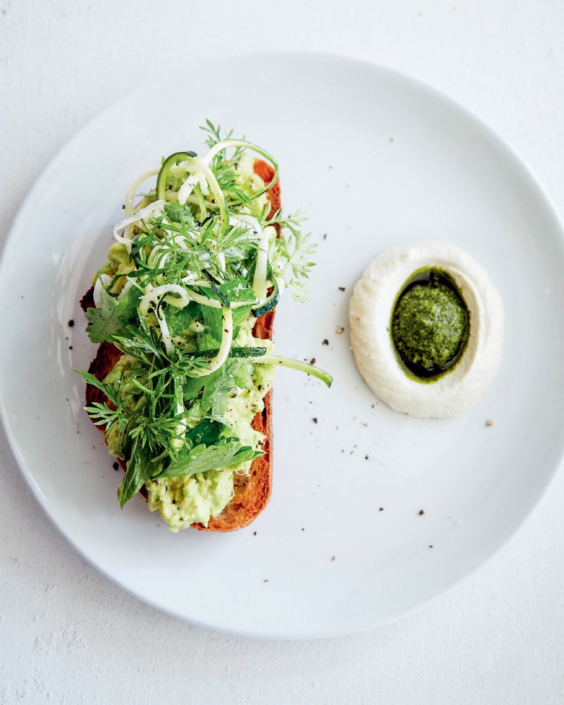 Smashed Avocado with Zucchini Salad, Salsa Verde & Macadamia Puree from ...