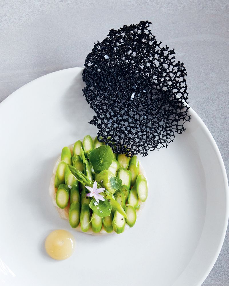 Scallop Tartare with Asparagus, Avocado Mousse, Lemon Gel & Squid Ink ...