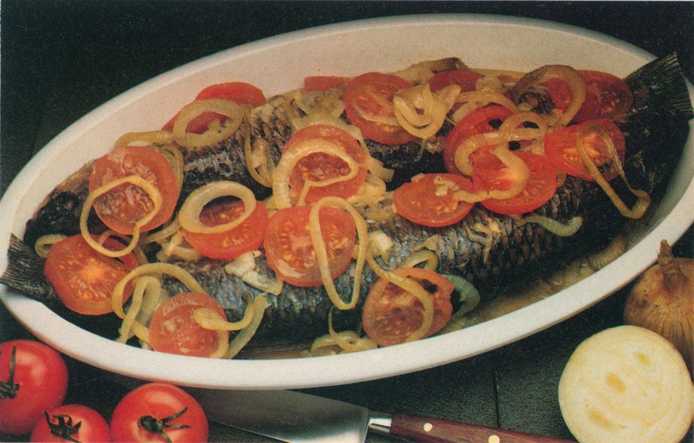Baked grey mullet from British Cooking by Caroline Conran