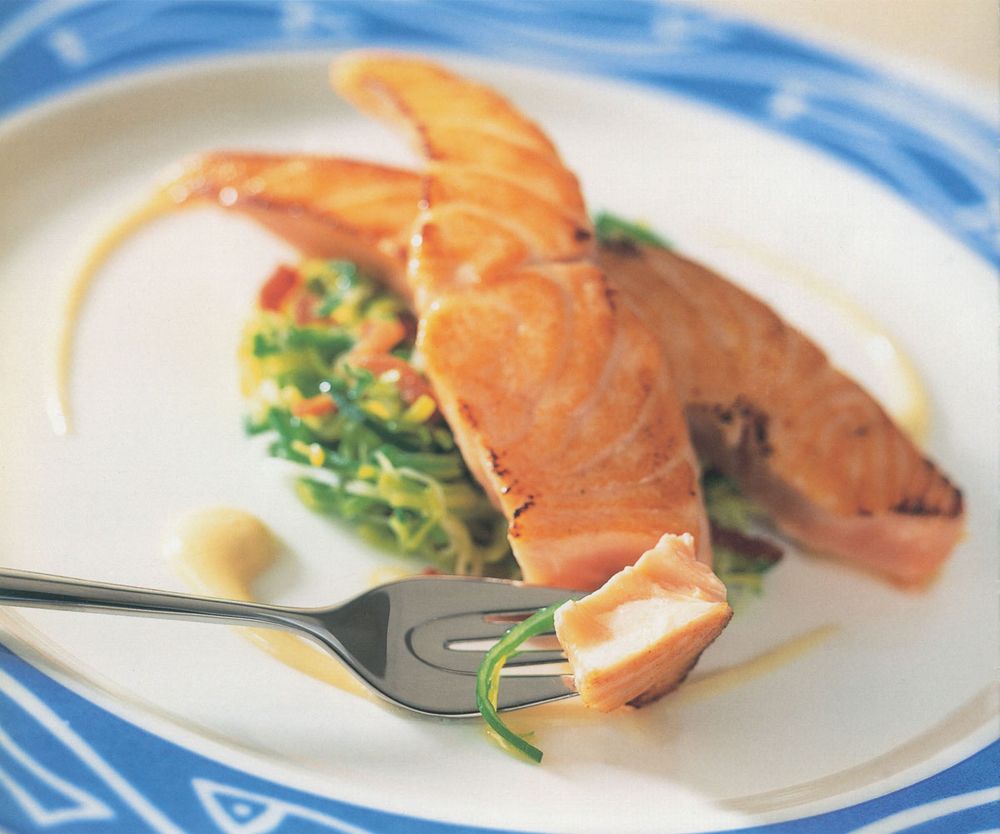 Seared, Cured Salmon Cutlets with Leeks, Bacon and a Cider-vinegar ...