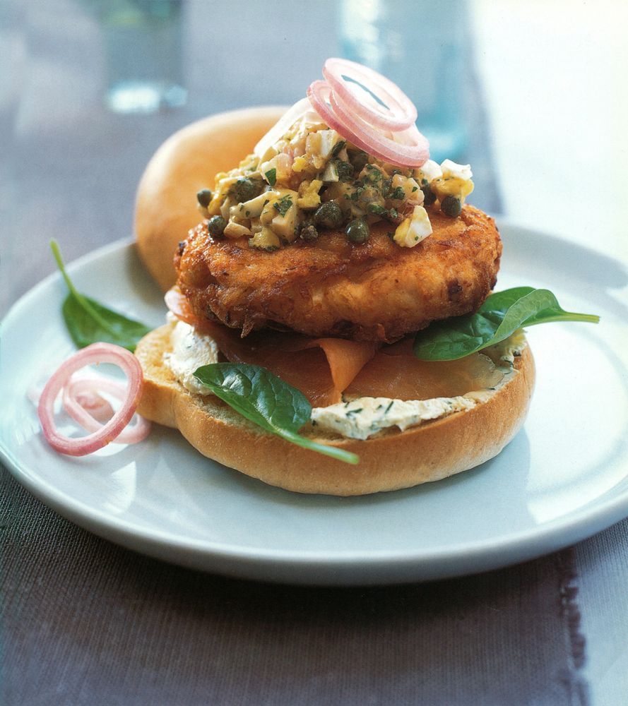 Smoked-salmon burger bagel with egg and caper relish, and quark and ...