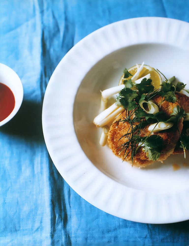 Spicy prawn cakes with a spring onion garnish from Gourmet Food for a ...