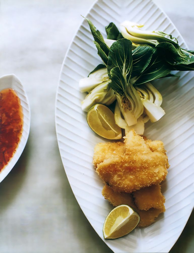 Deep-fried, plaice and pak choi with chilli clipping sauce from Gourmet ...