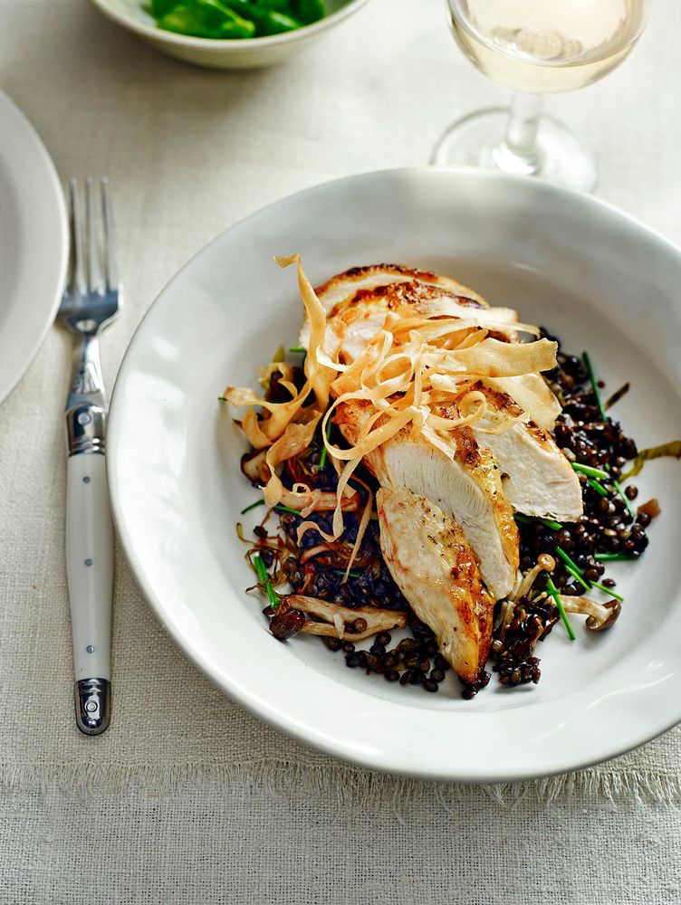 Roast chicken with mushroom & leek lentils from The Good Chicken ...