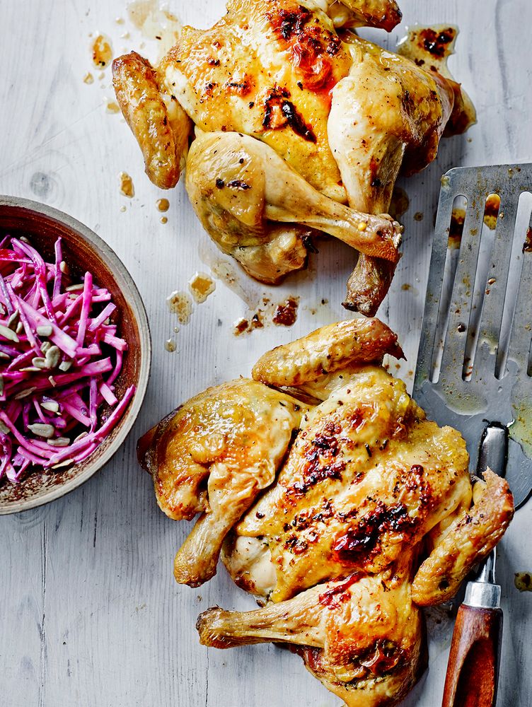 Barbecued garlic & thyme spatchcock poussin with celeriac, beetroot ...