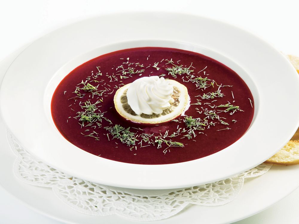 Cold Borscht with Sour Cream, Dill, and Bagel Crisp from Professional ...