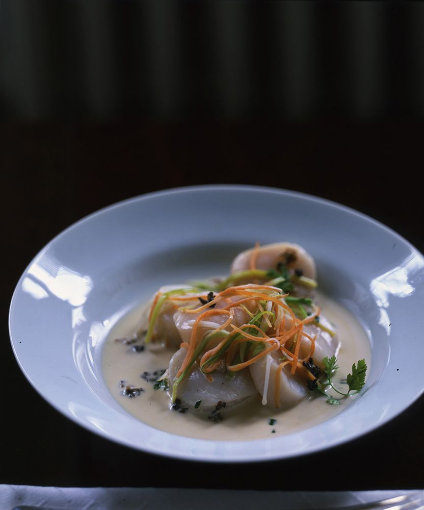 Poached Sea Scallops with Vegetable Broth Finished with Flavored ...