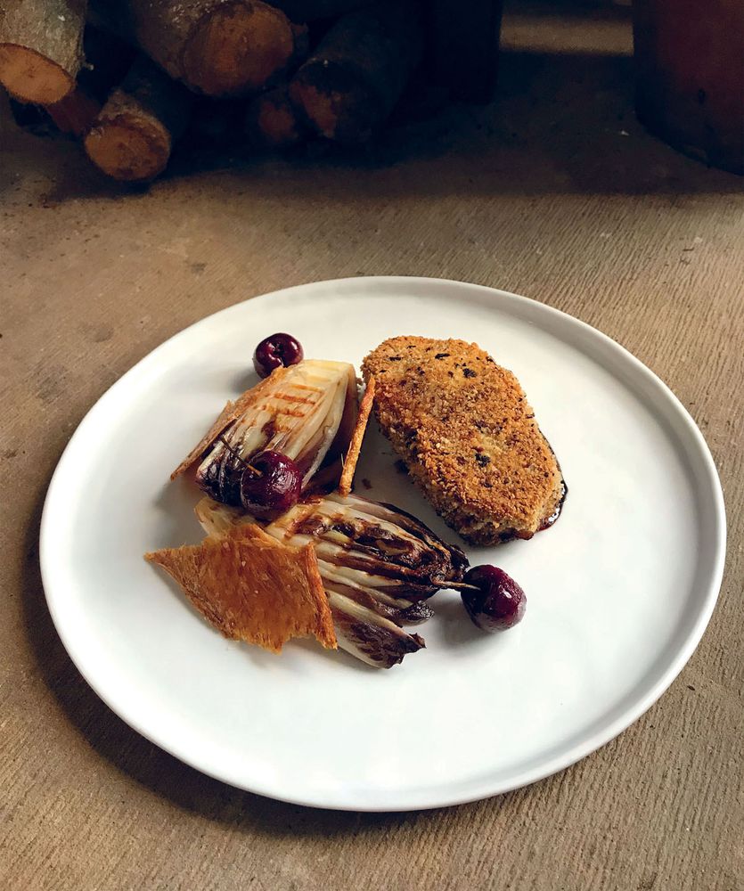 Duck Kiev with roasted cherries, crispy duck skin & griddled chicory ...