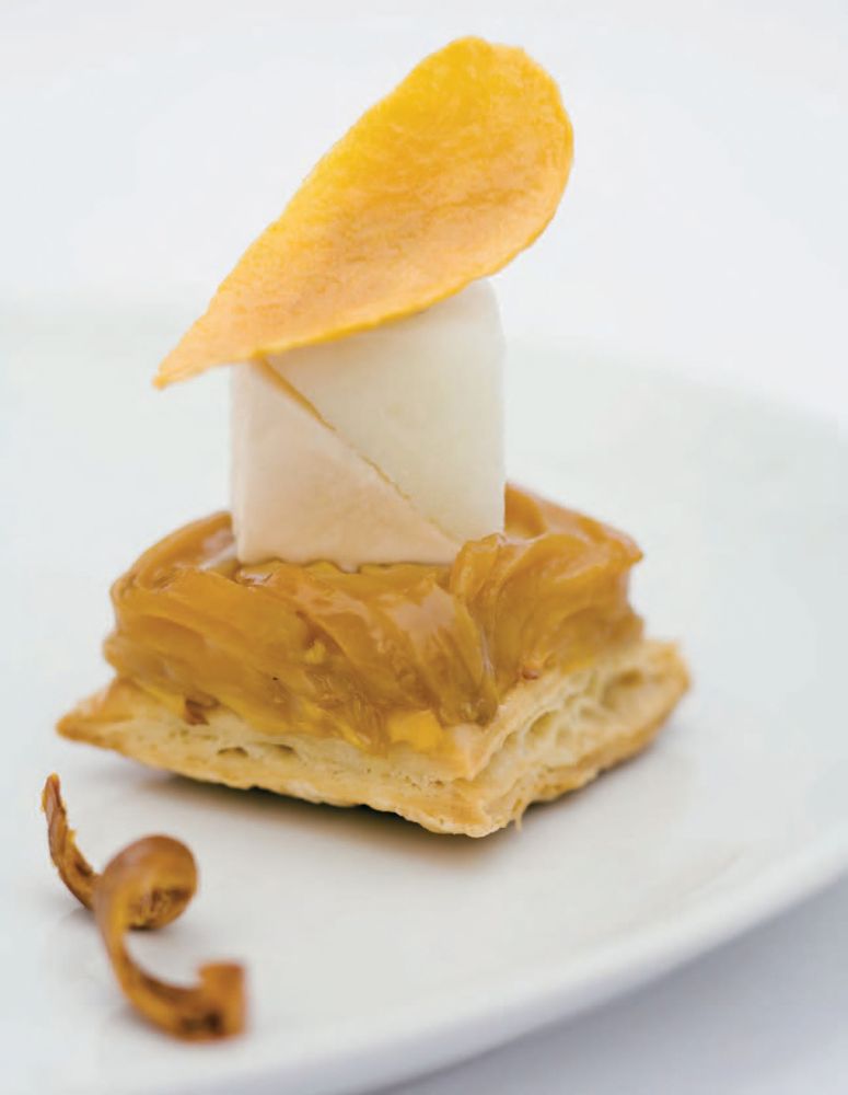 Caramelized Mango Tart with Toasted Coconut Ice Cream, Lime Sorbet, and ...