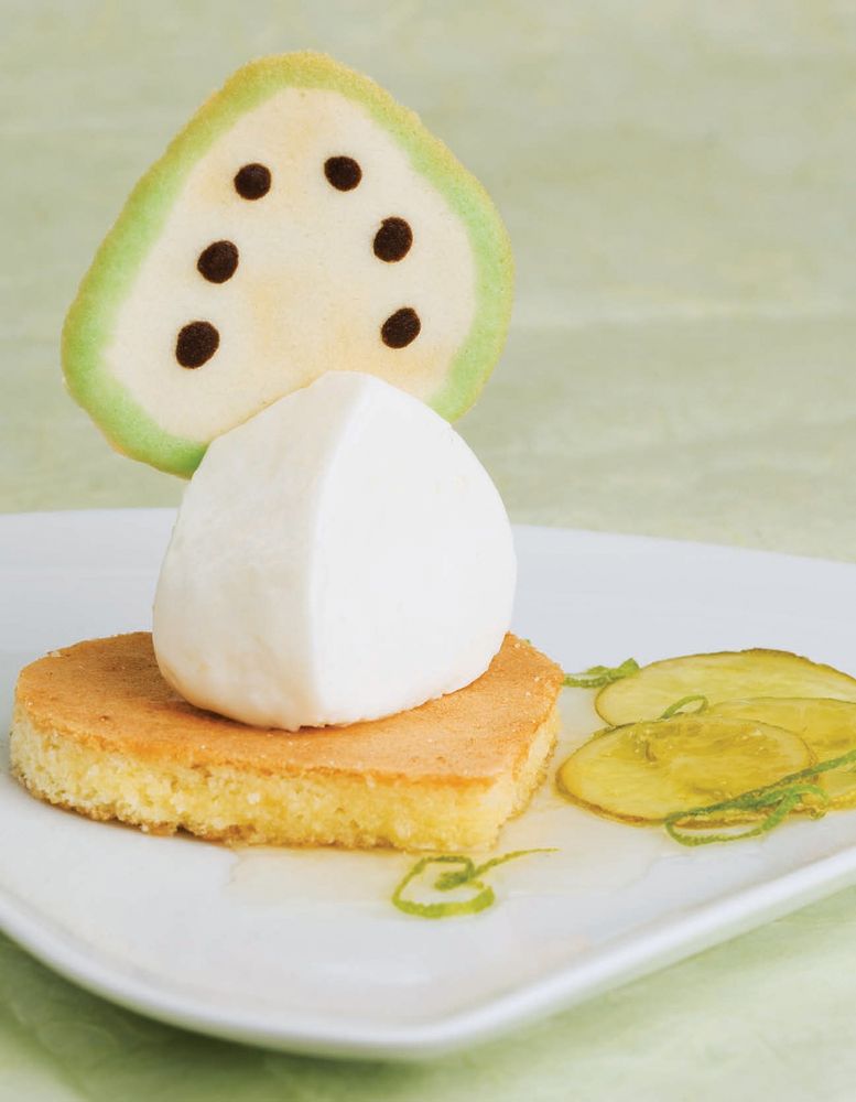 Cherimoya Mousse with Almond-Lime Joconde Base, Lime Compote, and a ...
