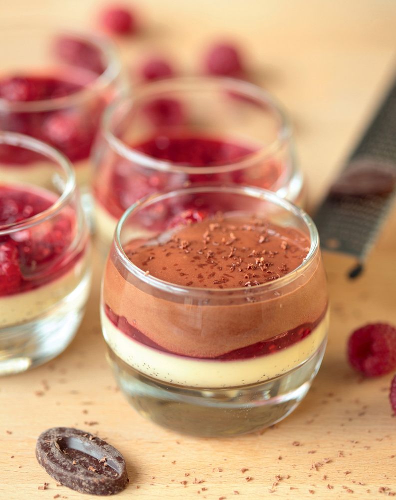 Verrines of Hot Chocolate Mousse, Cooked Cream, and Softened Berries ...