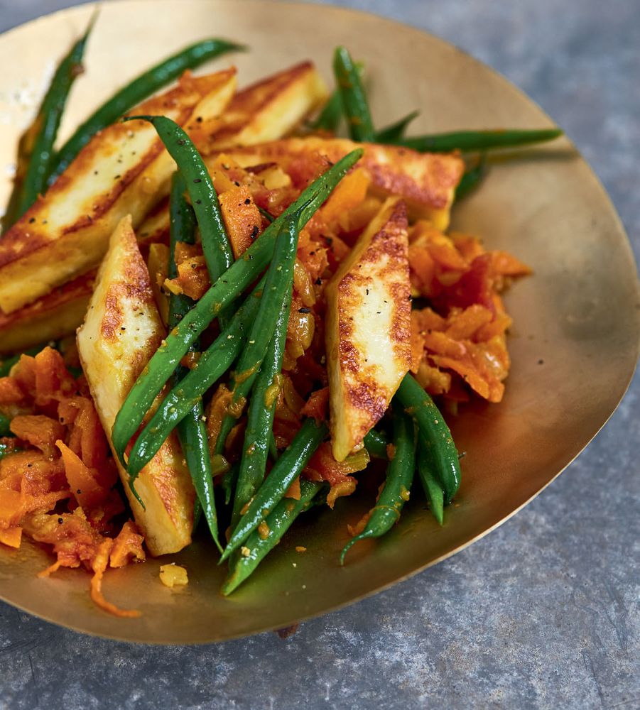 Golden paneer with tomato-y green beans and carrots from East by West ...