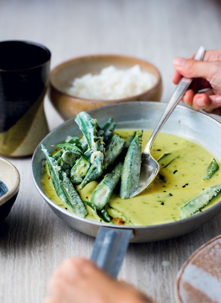 Spiced okra with cream from East by West by Jasmine Hemsley