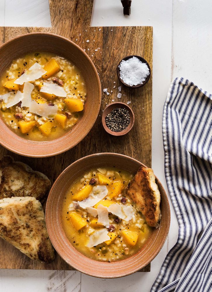 Pumpkin, Pancetta, and Arborio Rice Soup from Easy Soups from Scratch with Quick Breads to Match ...