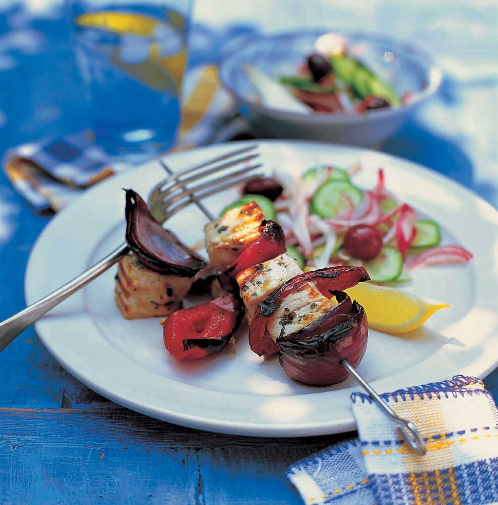 Grilled swordfish skewers from The Food & Cooking of Greece by Rena Salaman