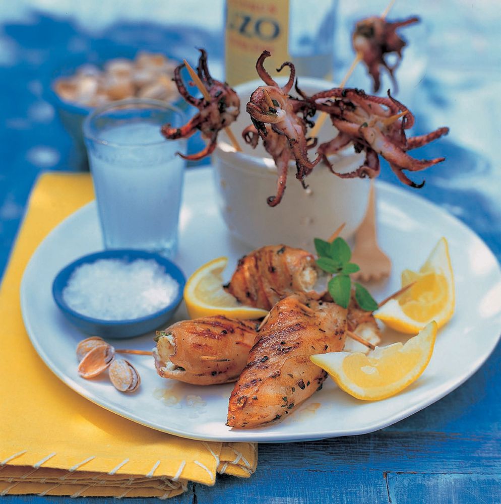 Grilled squid stuffed with feta from The Food & Cooking of Greece by ...