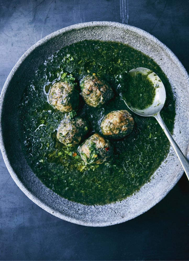 Chicken meatballs with molokhieh, garlic and coriander from Falastin by ...