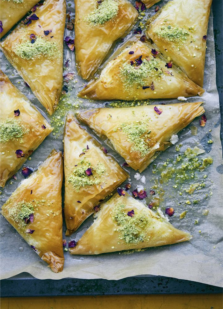 Filo triangles with cream cheese, pistachio and rose from Falastin by ...
