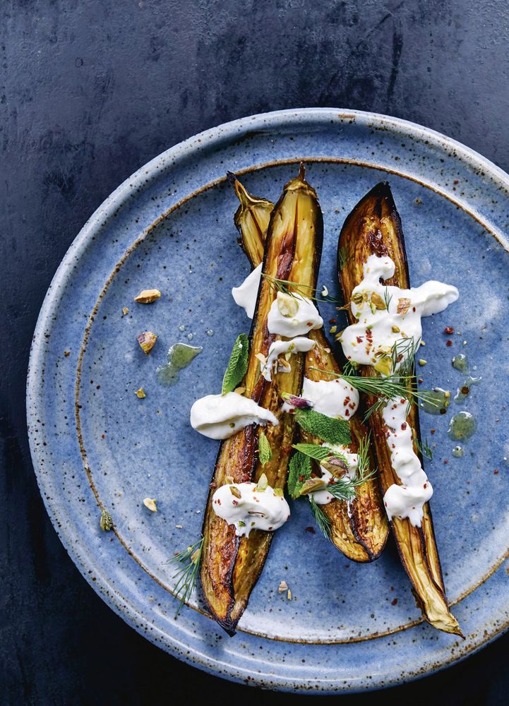 Roasted aubergine, feta yoghurt, Aleppo chilli and pistachio from ...