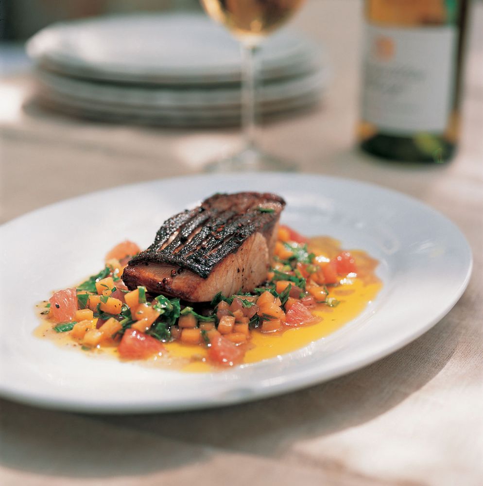 Yellowtail Grilled on the Skin with Melon, Rocket and Raspberry Sauce ...
