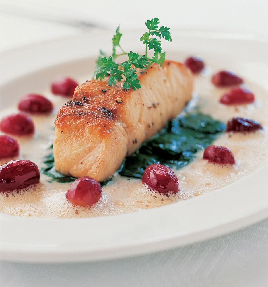 Cape salmon grilled with crimson seedless grapes, tatsoi and verjuice ...
