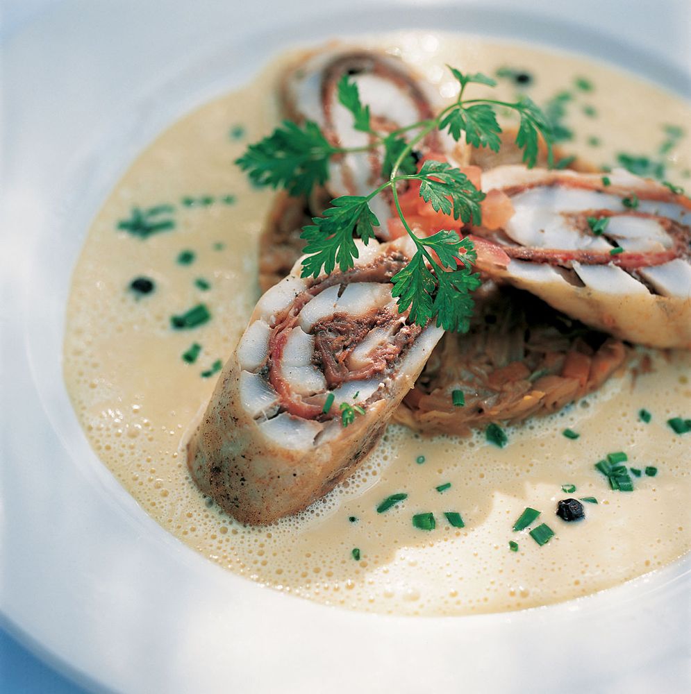 Crepinette of kingklip (or sole) and coppa with tapenade, braised ...