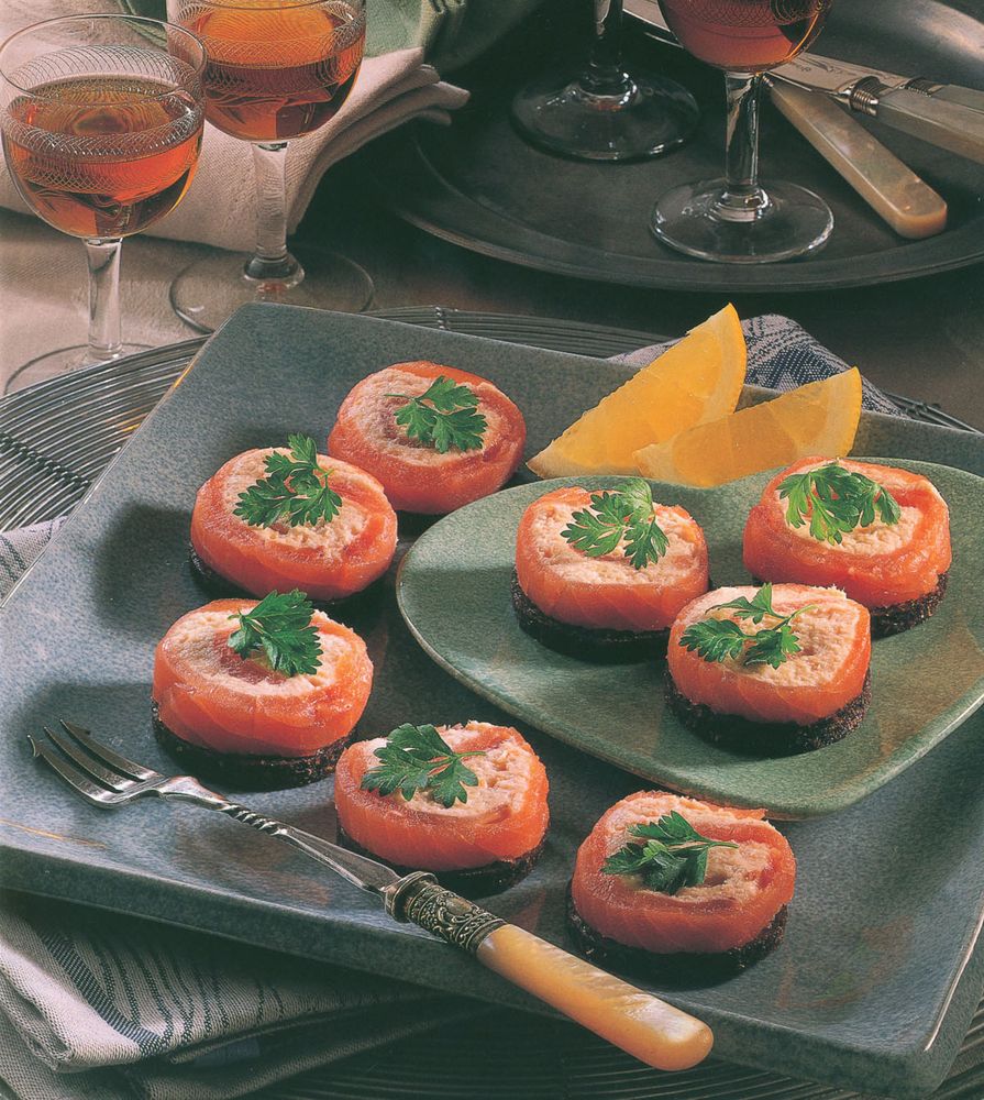 Smoked salmon and trout roulade on pumpernickel from Finger Food: Le Cordon Bleu Home Collection ...