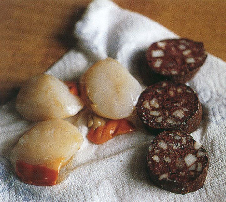 Scallops with black pudding, girolles & mousseline potato from Fish etc ...