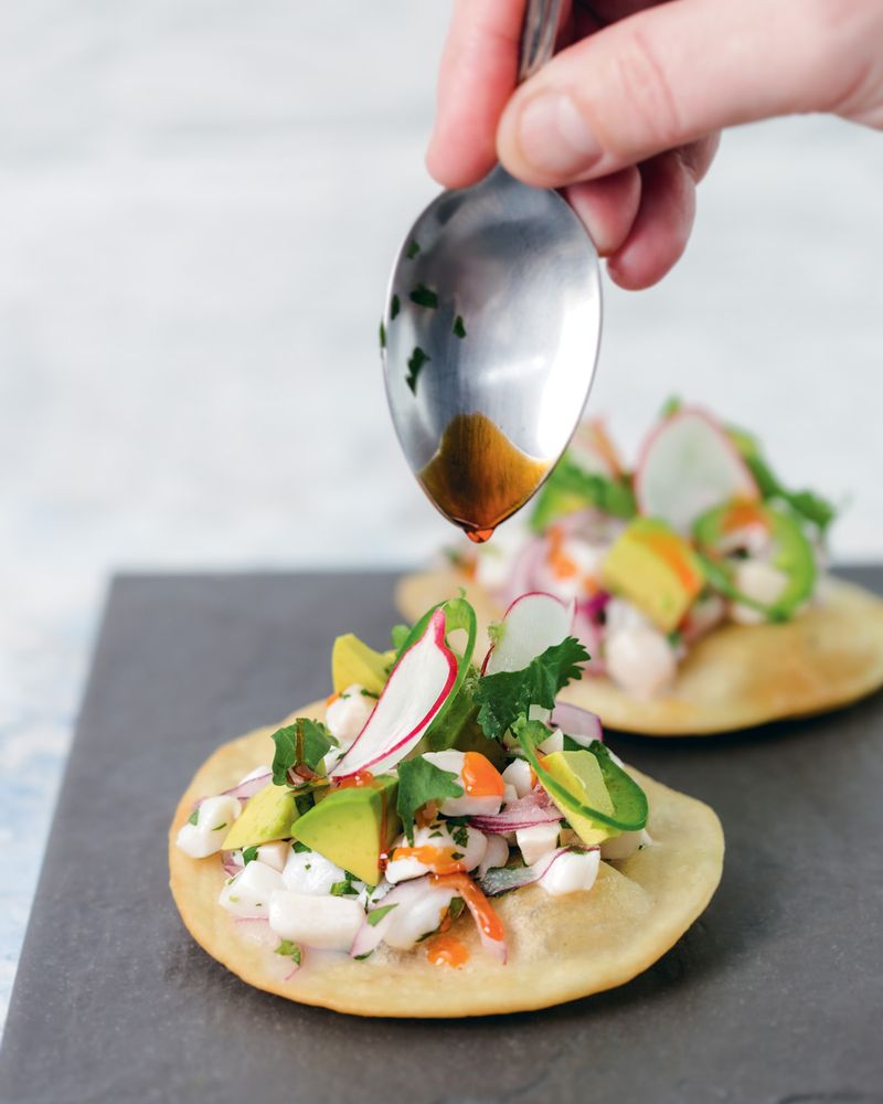 Citrus-Marinated Scallop Ceviche Tostada with Chipotle Oil from Fish ...