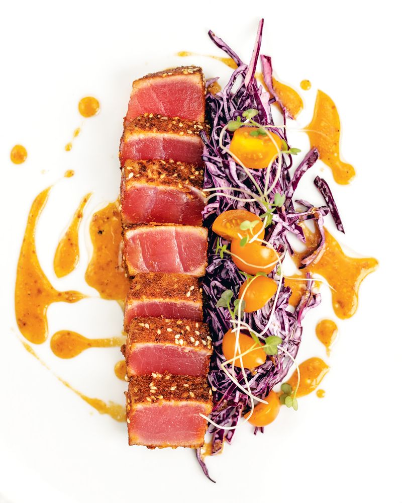 Blackened Ahi Tuna Tataki with Red Slaw / Creole Mustard Vinaigrette ...