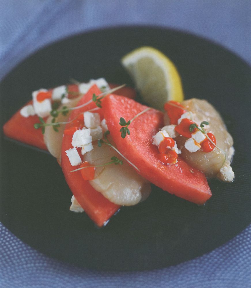 Scallop sashimi with watermelon & feta dressing from Fusion: A Culinary ...