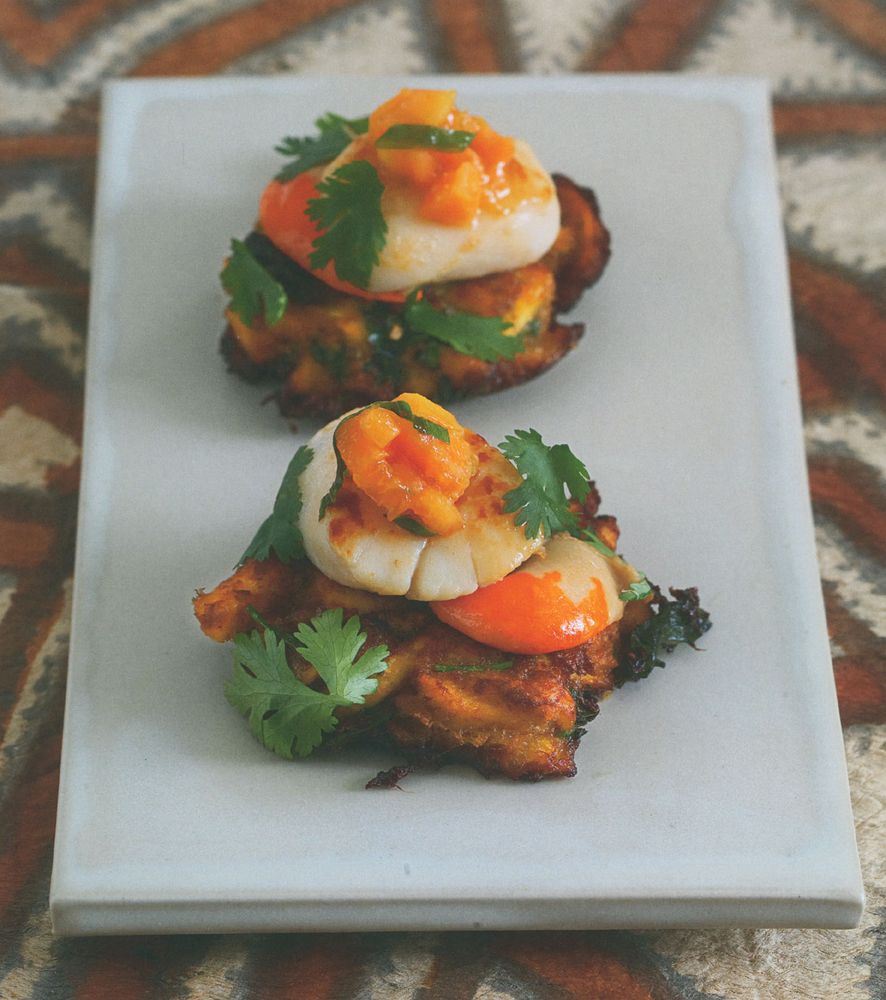 Seared scallops on plantain coconut fritters with papaya & lime salsa ...