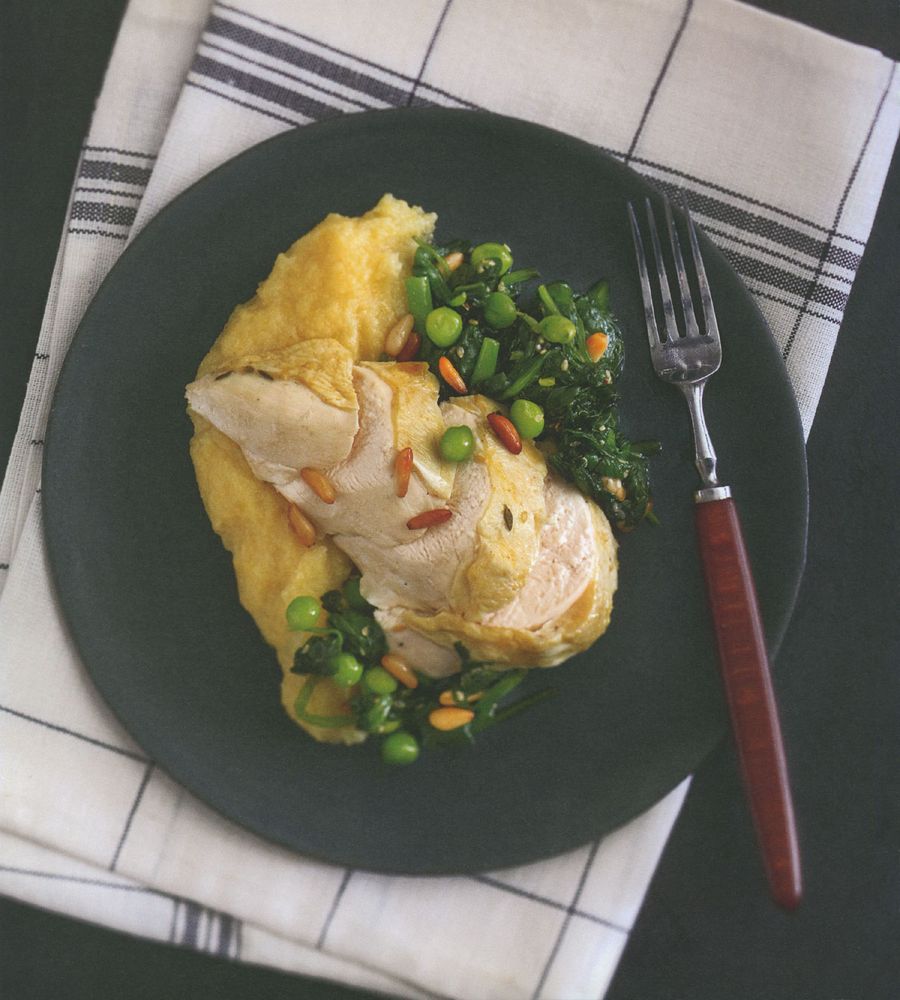 Lemon-poached chicken on Manchego polenta with Sichuan pepper, spinach ...