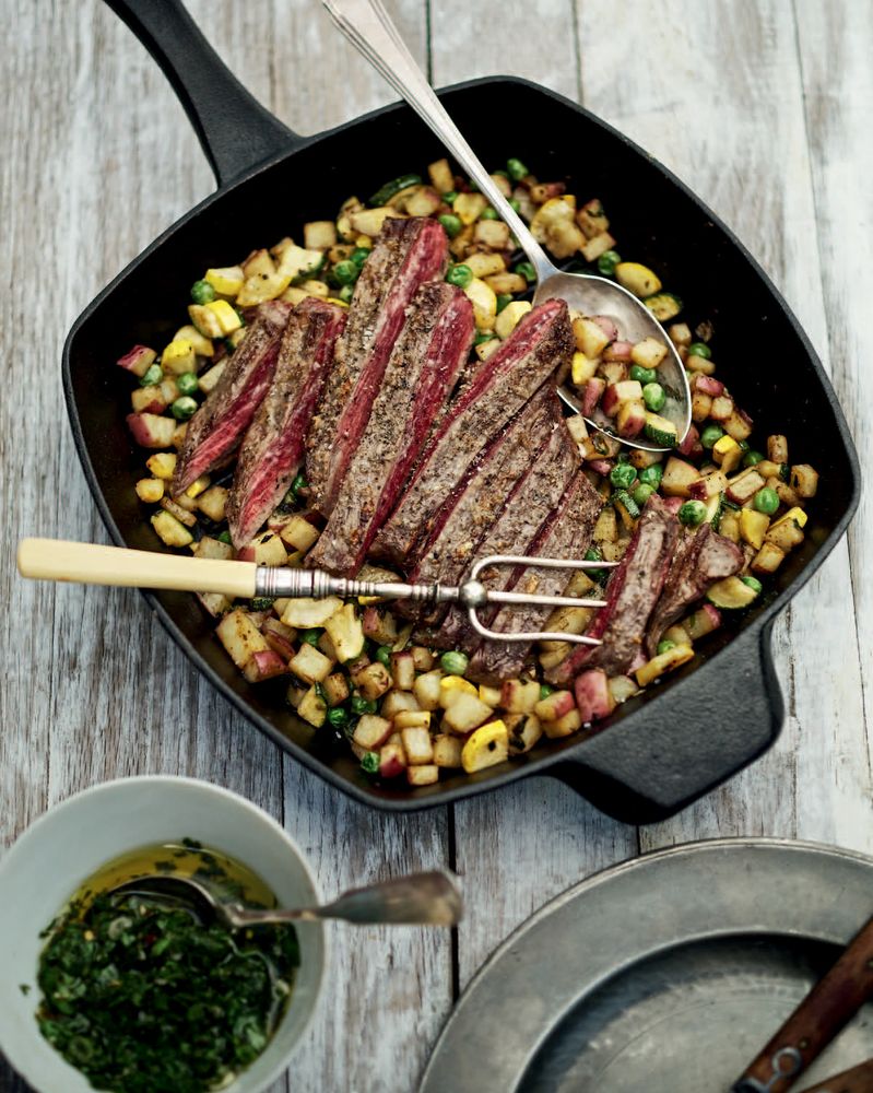 Flank Steak with Chimichurri and Summer Squash Hash from One Pan, Two ...
