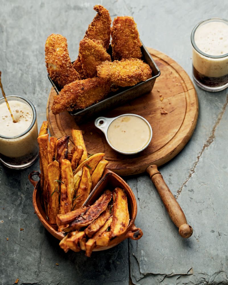 Cornflake-Crusted Chicken Fingers with Rosemary-Sweet Potato Pan Fries ...