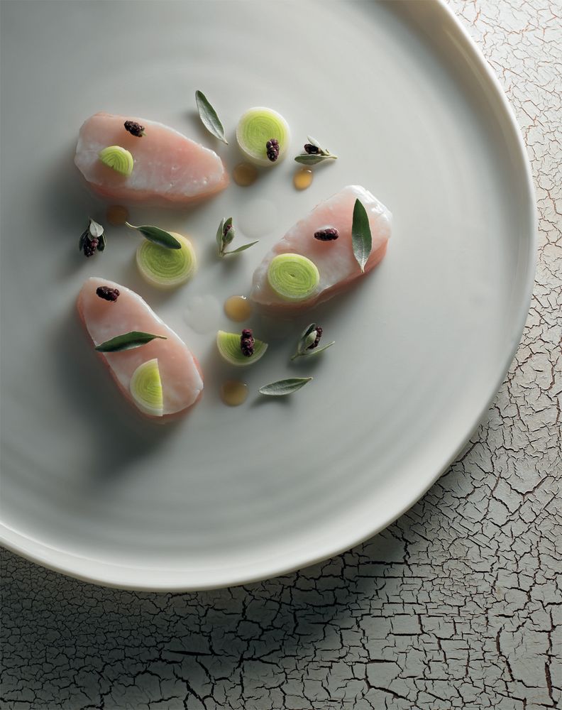 Striped Trumpeter, Young Leek, Salt Berries, Pork Fat from Origin by ...