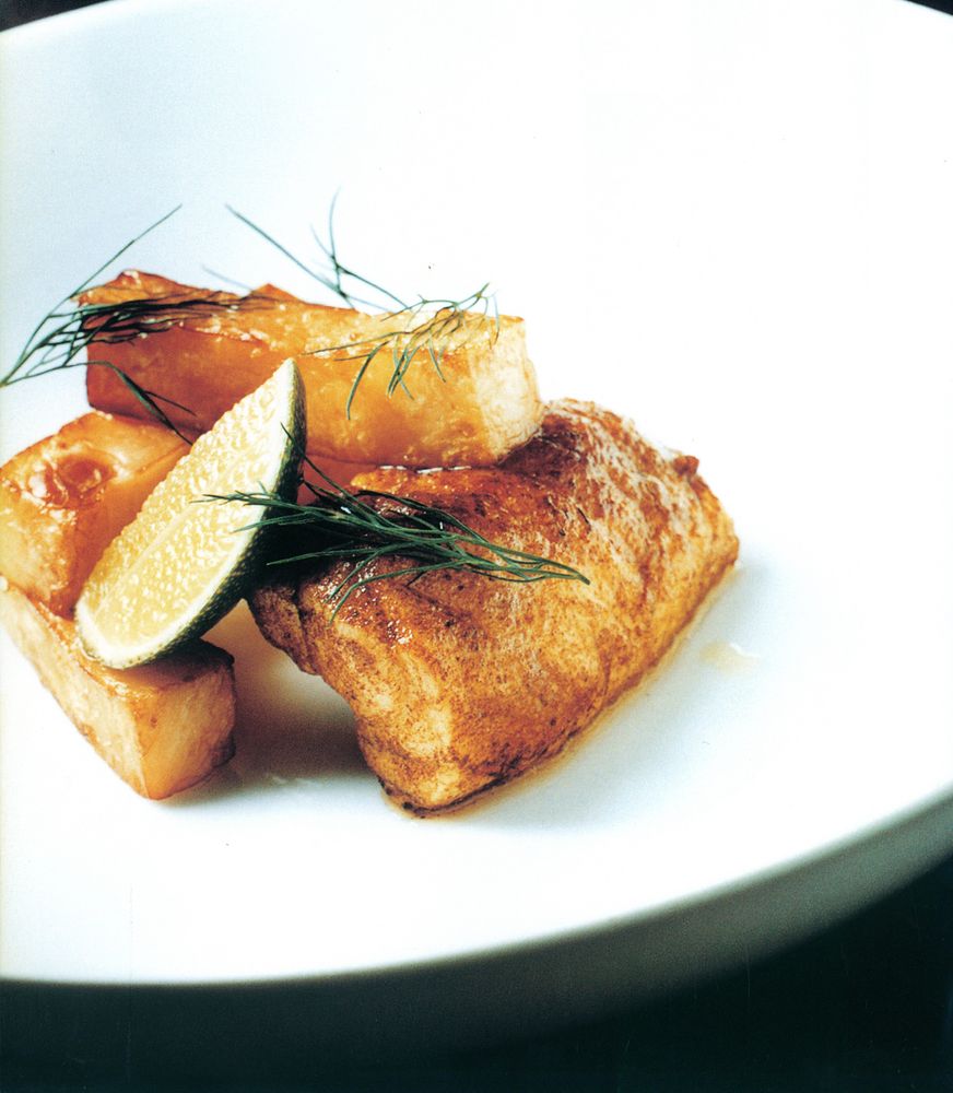 Curried Monkfish and Celeriac Chips with Lime Wedges from Maze: The ...