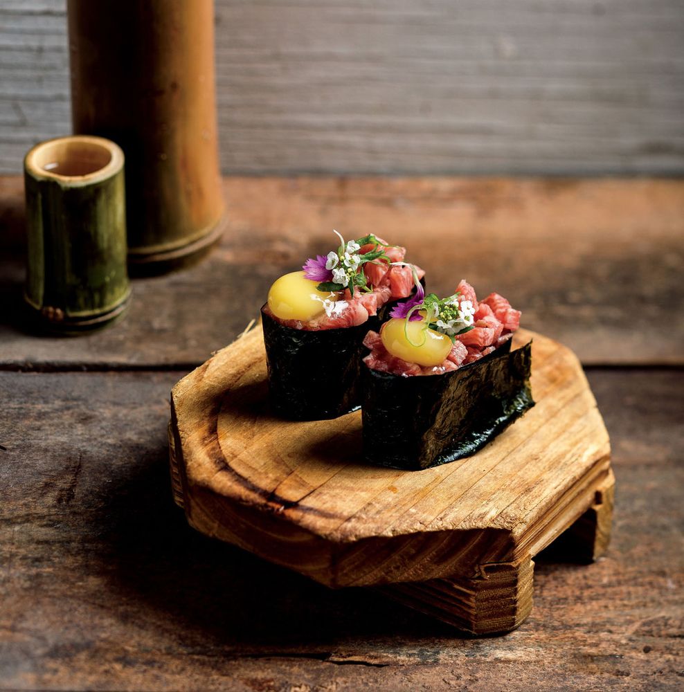 Wagyu Beef Gunkan Maki and Miso-Cured Quail Yolk from Masu: Fresh ...
