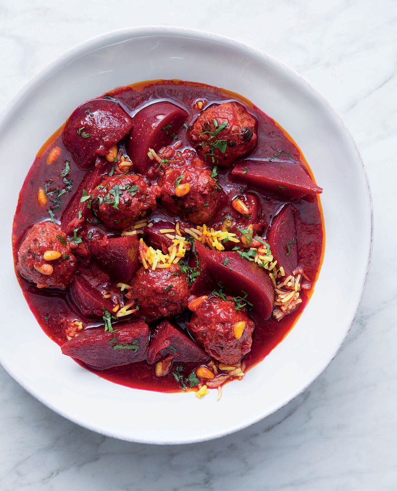 Beet Stew with Lamb Meatballs from Soups and Stews by The Editors of Saveur